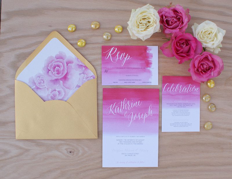 Pink Ombre Wedding Invitation Handpainted with Watercolors